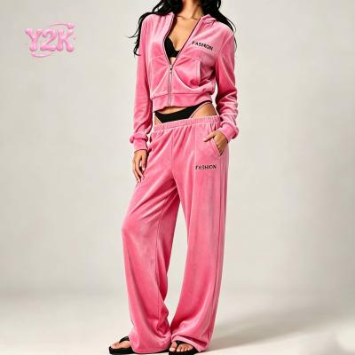 China Custom Women's Velour Zip Hoodie Wide Leg Pants Two Piece Set for sale