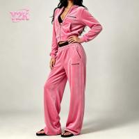 China Custom Women's Velour Zip Hoodie Wide Leg Pants Two Piece Set for sale
