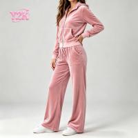 China Custom Women's Velour Zip Jacket Wide Leg Pants Two Piece Set for sale