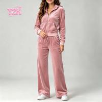 China Custom Women's Velour Zip Jacket Wide Leg Pants Two Piece Set for sale