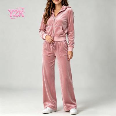 China Custom Women's Velour Zip Jacket Wide Leg Pants Two Piece Set for sale