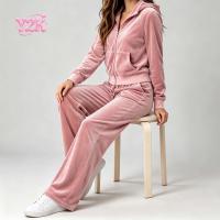 China Custom Women's Velour Zip Jacket Wide Leg Pants Two Piece Set for sale