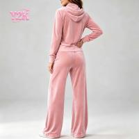China Custom Women's Velour Zip Jacket Wide Leg Pants Two Piece Set for sale