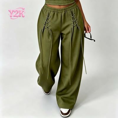 China Custom Women's Lace Up Detail Wide Leg Sweatpants Joggers for sale