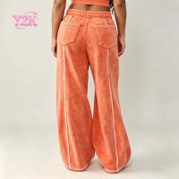 China Custom Women's Acid Wash Wide Leg Sweatpants Back Pocket Design for sale