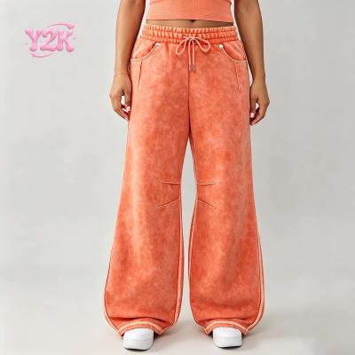 China Custom Women's Acid Wash Wide Leg Sweatpants Back Pocket Design for sale