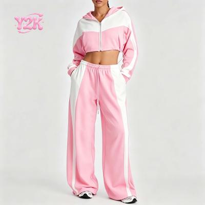 China Custom Women's Color Block Cropped Hoodie Wide Leg Pants Set for sale