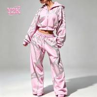 China Custom Women's Printed Cropped Zip Hoodie Wide Leg Pants Set for sale
