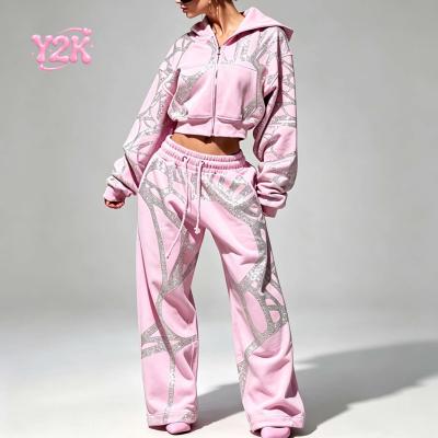 China Custom Women's Printed Cropped Zip Hoodie Wide Leg Pants Set for sale