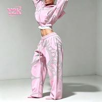 China Custom Women's Printed Cropped Zip Hoodie Wide Leg Pants Set for sale