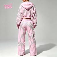 China Custom Women's Printed Cropped Zip Hoodie Wide Leg Pants Set for sale