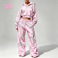 China Custom Women's Printed Cropped Zip Hoodie Wide Leg Pants Set for sale