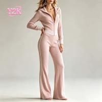 China Custom Women's Ribbed Zip Front Flared Leg Sports Jumpsuit for sale