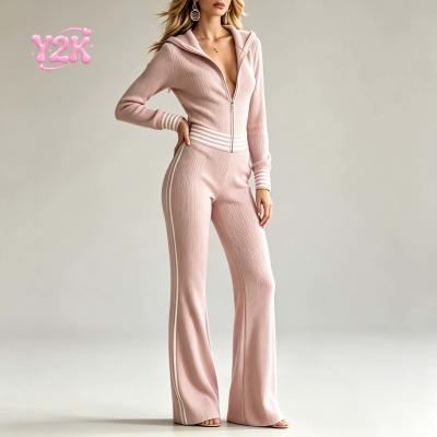 China Custom Women's Ribbed Zip Front Flared Leg Sports Jumpsuit for sale