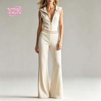China Custom Women's Ribbed Zip Front Flared Leg Sports Jumpsuit for sale