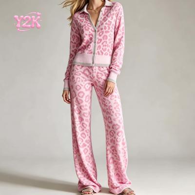 China Custom Women's Leopard Print Cardigan Wide Leg Pants Set for sale