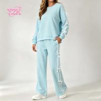China Custom Women's Bow Detail Sweatshirt Wide Leg Pants Set for sale