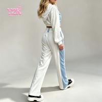 China Custom Women's Color Block Cropped Jacket Wide Leg Pants Set for sale