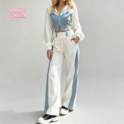 China Custom Women's Color Block Cropped Jacket Wide Leg Pants Set for sale