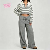 China Custom Women's Striped Collared Sweater Wide Leg Pants Set for sale