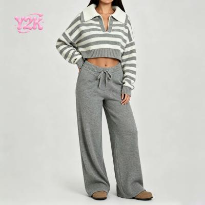 China Custom Women's Striped Collared Sweater Wide Leg Pants Set for sale