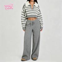 China Custom Women's Striped Collared Sweater Wide Leg Pants Set for sale