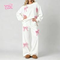 China Custom Women's Bow Applique Sweatshirt Wide Leg Pants Set for sale