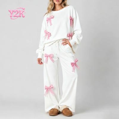 China Custom Women's Bow Applique Sweatshirt Wide Leg Pants Set for sale
