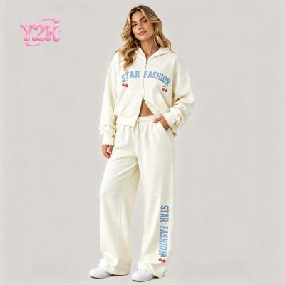 China Custom Women's Graphic Zip Hoodie Wide Leg Sweatpants Set for sale