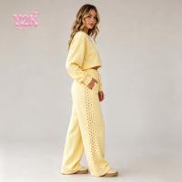 China Custom Women's Eyelet Lace Sweatshirt Wide Leg Pants Set for sale