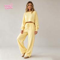 China Custom Women's Eyelet Lace Sweatshirt Wide Leg Pants Set for sale