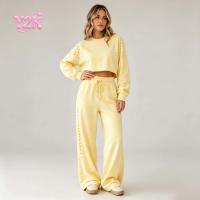 China Custom Women's Eyelet Lace Sweatshirt Wide Leg Pants Set for sale