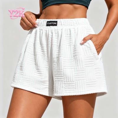China Custom Women High Waist Textured Jacquard Shorts Geometric Embossed Cotton Terry Loose Casual Lounge Summer Beach Athletic Bottoms for sale