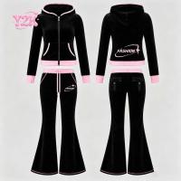 China Custom Women Velour Tracksuit Cropped Zip Hoodie Wide Leg Pants Rhinestone Embroidery Y2K Casual Lounge Streetwear Two Piece Set for sale