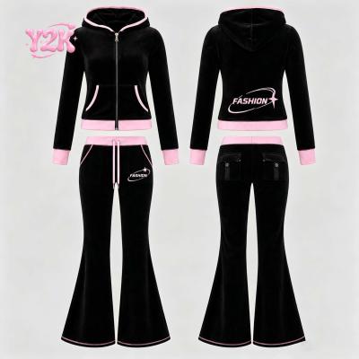 China Custom Women Velour Tracksuit Cropped Zip Hoodie Wide Leg Pants Rhinestone Embroidery Y2K Casual Lounge Streetwear Two Piece Set for sale