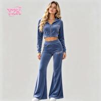 China Custom Women Velour Tracksuit Cropped Zip Hoodie Flare Pants Soft Stretch Velvet Y2K Casual Lounge Streetwear Two Piece Outfit Set for sale