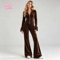 China Custom Women Leopard Print Velvet Tracksuit Lapel Zip Jacket Flared Pants Y2K Casual Lounge Streetwear Matching Two Piece Set for sale