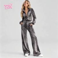 China Custom Women Leopard Print Velvet Tracksuit Zip Jacket Wide Leg Pants Y2K Casual Lounge Streetwear Matching Two Piece Outfit Set for sale