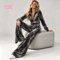 China Custom Women Leopard Print Velvet Tracksuit Zip Jacket Wide Leg Pants Y2K Casual Lounge Streetwear Matching Two Piece Outfit Set for sale
