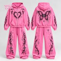 China Custom Women Gothic Graphic Tracksuit Oversized Zip Hoodie Wide Leg Sweatpants Halloween Streetwear Fleece Two Piece Outfit Set for sale