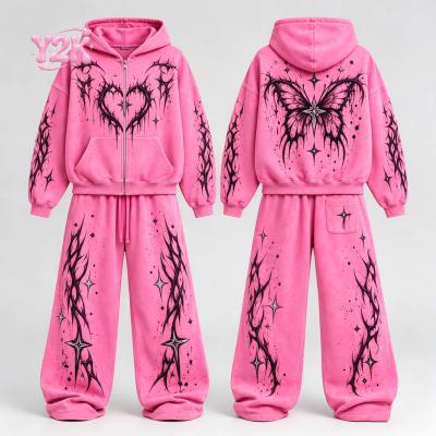 China Custom Women Gothic Graphic Tracksuit Oversized Zip Hoodie Wide Leg Sweatpants Halloween Streetwear Fleece Two Piece Outfit Set for sale