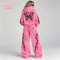 China Custom Women Gothic Graphic Tracksuit Oversized Zip Hoodie Wide Leg Sweatpants Halloween Streetwear Fleece Two Piece Outfit Set for sale