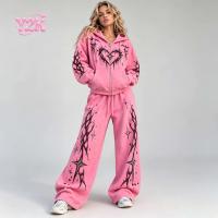 China Custom Women Gothic Graphic Tracksuit Oversized Zip Hoodie Wide Leg Sweatpants Halloween Streetwear Fleece Two Piece Outfit Set for sale