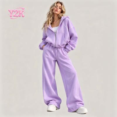 China Custom Women Oversized Tracksuit Contrast Stitch Zip Hoodie Wide Leg Sweatpants Casual Lounge Streetwear Matching Two Piece Set for sale