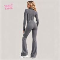 China Custom Women Activewear Set Contrast Piping Zip Jacket Flare Pants Stretchy Yoga Gym Workout Fitness Running Two Piece Outfit for sale