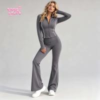 China Custom Women Activewear Set Contrast Piping Zip Jacket Flare Pants Stretchy Yoga Gym Workout Fitness Running Two Piece Outfit for sale