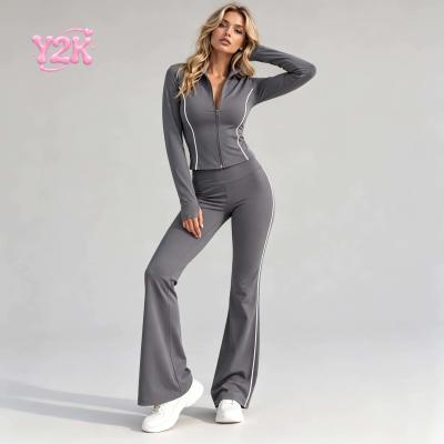 China Custom Women Activewear Set Contrast Piping Zip Jacket Flare Pants Stretchy Yoga Gym Workout Fitness Running Two Piece Outfit for sale