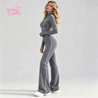China Custom Women Activewear Set Contrast Piping Zip Jacket Flare Pants Stretchy Yoga Gym Workout Fitness Running Two Piece Outfit for sale