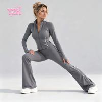 China Custom Women Activewear Set Contrast Piping Zip Jacket Flare Pants Stretchy Yoga Gym Workout Fitness Running Two Piece Outfit for sale