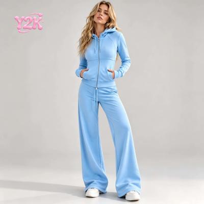 China Custom Women Tracksuit Fitted Zip Hoodie Wide Leg Sweatpants Cotton Fleece Y2K Casual Lounge Streetwear Two Piece Outfit Set for sale